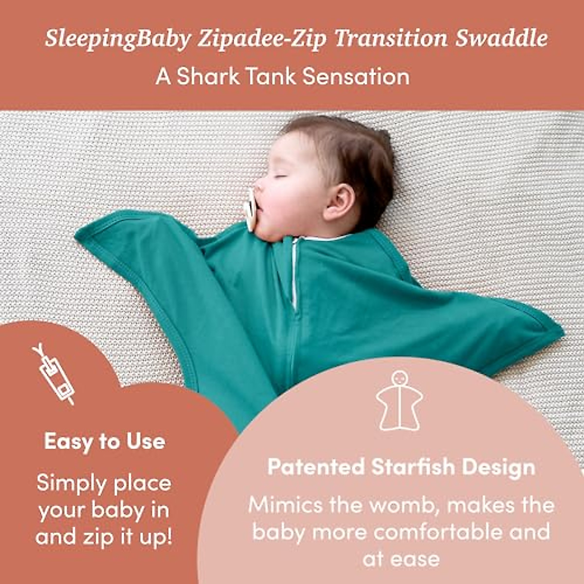 SleepingBaby Zipadee-Zip Cozy Transition Swaddle - with Zipper, Polyester, Spandex - Roomy Baby Wearable Blanket for Easy Diaper Changes - Classic Teal, X-Small (3-6 Month)