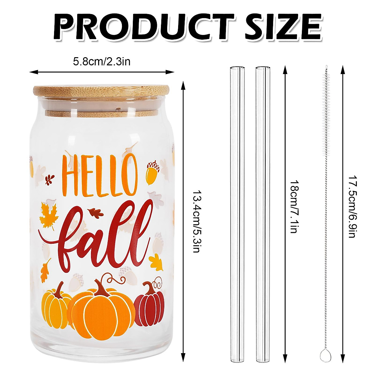 Whaline Hello Fall Drinking Glasses 16oz Fall Harvest Glass Cup Pumpkin Car Iced Coffee Cup with Bamboo Lid Glass Straw Cleaning Brush Gift for Autumn Thanksgiving Cocktail Whiskey Beer Soda, 2Pcs