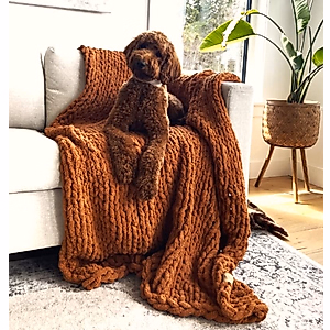 White Oak Village Large Chunky Knit Blanket 50x70; Boho Throw; Tight Braid Cable Knit Throw for Sofa Throw for Bed; Chenille Weighted Blanket 4.5lbs Farmhouse Decor (Deep Ginger)