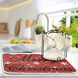 Merry Christmas Red Dish Drying Mat for Kitchen Winter Snowflake White Microfiber Drying Mats Absorbent Reversible Dish Pad Large Dish Draining Mat 18x24 inch