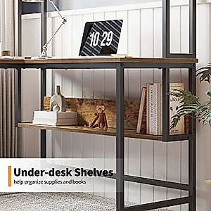 CubiCubi L-Shaped Desk with Hutch, 60" Corner Computer Desk, Large Home Office Desk with Bookshelf and Storage Shelves, Space-Saving, Rustic Brown