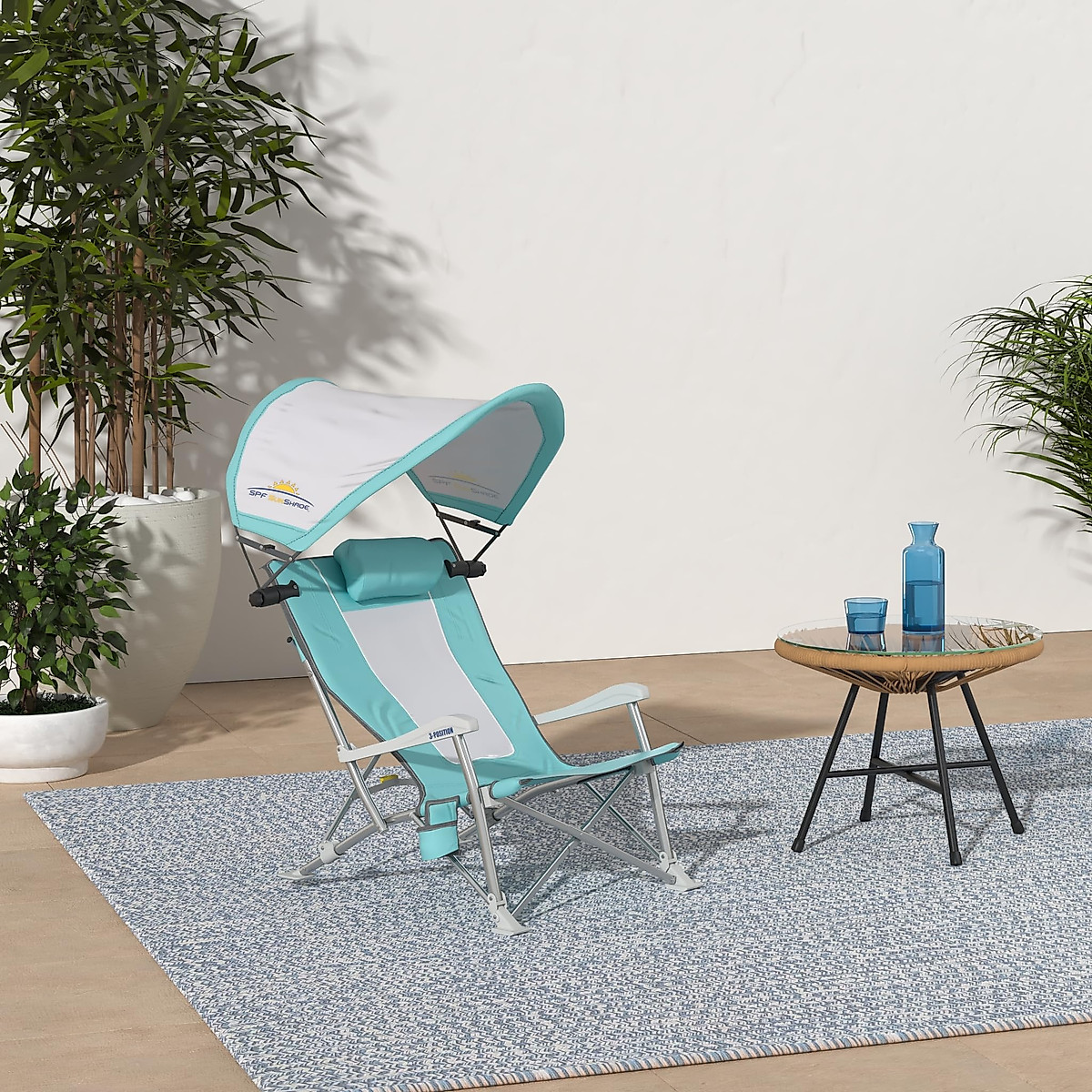 GCI Outdoor Sunshade Recliner Beach Chair | Collapsible Folding Canopy Shade Chair with Durable Armrests, Drink Holder & Portable Carry Bag, Perfect for Beach Trips & Picnics — Seafoam Green