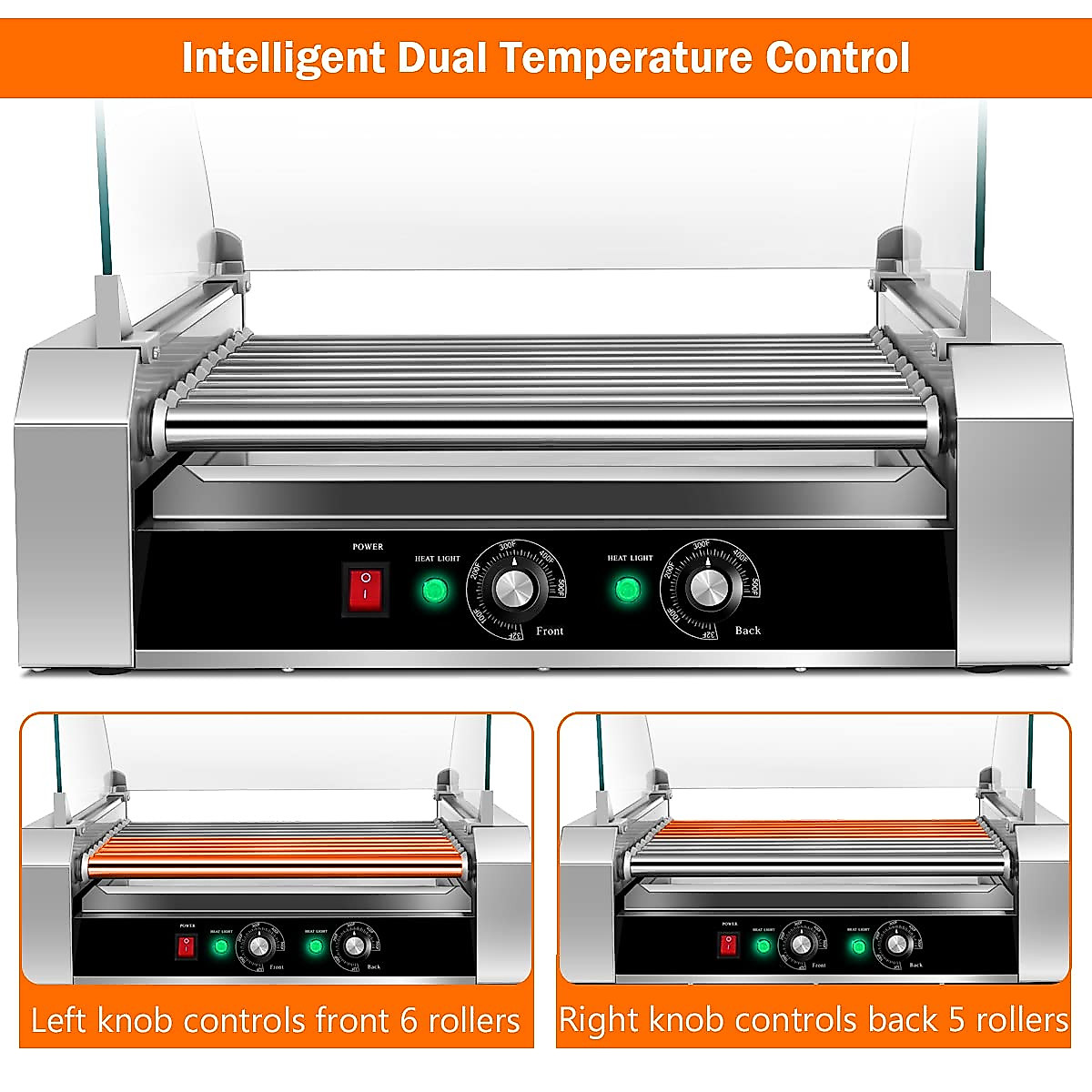 S AFSTAR Commercial 30 Hot Dog 11 Non-Stick Roller Machine, Electric Hot Dog Sausage Grill Cooker Machine with Removable Stainless Steel Drip Tray & Glass Hood Cover, Countertop Hot Dog Roller Warmer