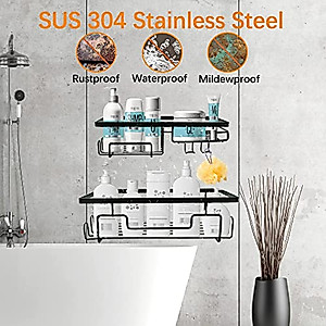 SENLLY Shower Caddy, Shower Caddy Basket Shelf with Hooks for Hanging, Adhesive Shampoo Bathroom Inside Shower Storage Organizer, SUS304 Stainless Steel Rack Tile Wall Mounted (No Drilling, Black)