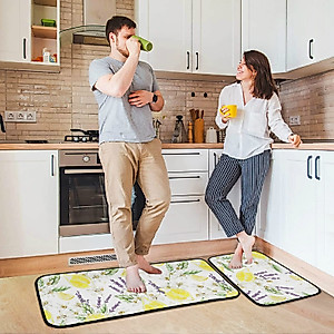 Lemon Fruits Flowers Lavender Kitchen Mat Set of 2 Anti-Fatigue Kitchen Rug Set Washable Foam Cushioned Non Slip Kitchen Runner Rugs and Mats Comfort Standing Mat for Floor Home Decor Doormat