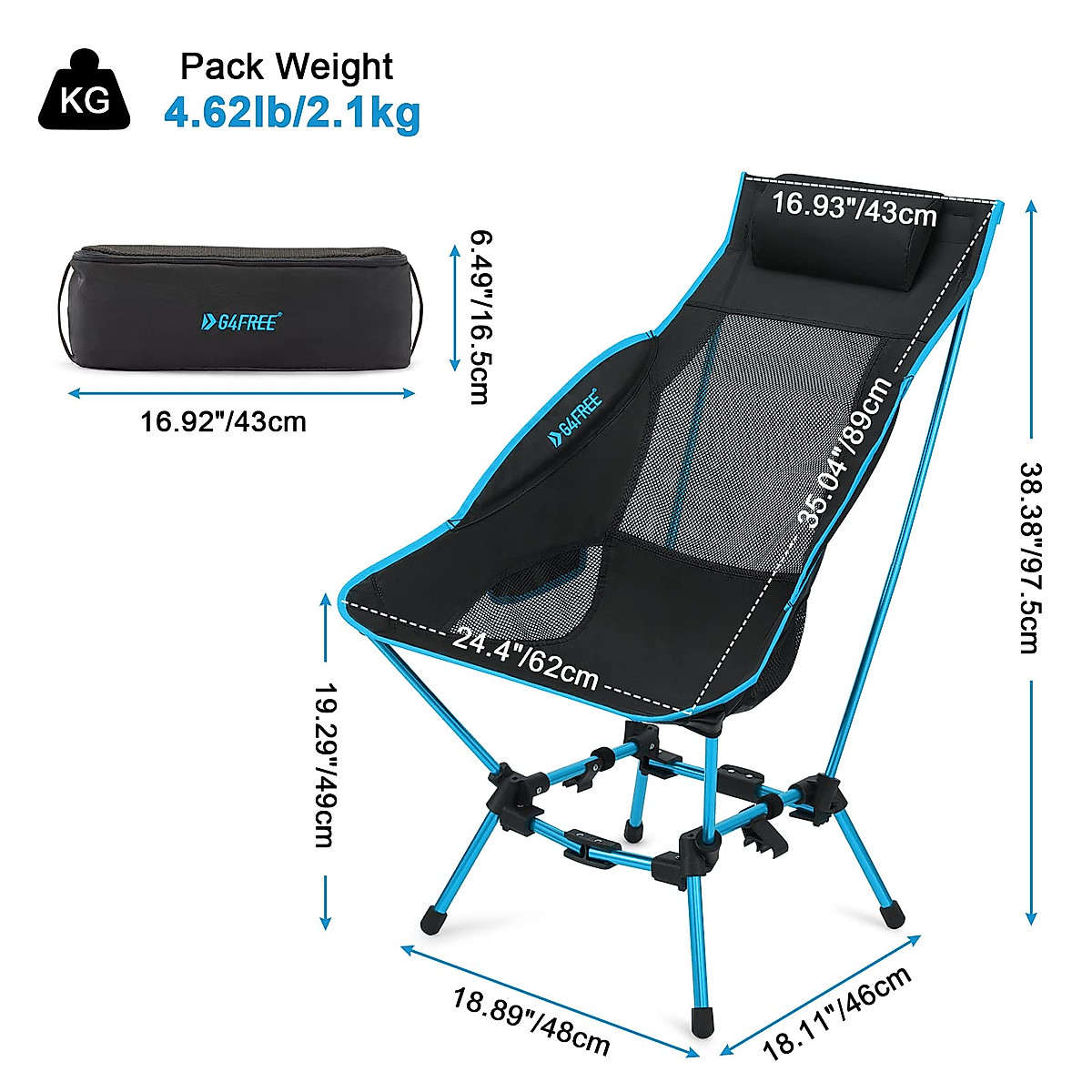 G4Free Folding Camp Chair High Back Lightweight Camping Chair with Removable Pillow, Side Pocket & Carry Bag, Compact & Heavy Duty 385lbs for Outdoor Hiking Backpacking Beach Picnic Travel Blue