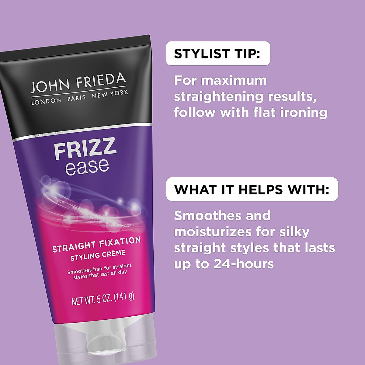 John Frieda Frizz Ease Straight Fixation Styling Crème, Straightens Frizzy Hair with Milk Protein & Almond Oil, Sleek & Frizz-Free, with ThermaGuard Heat Protection Against Damage, 5 Oz
