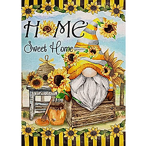 Furiaz Home Sweet Home Gnome Sunflower Spring Summer Small Decorative Garden Flag, Bee Honey Yard Home Outside Black Yellow Stripe Decoration, Fall Farmhouse Outdoor Decor Double Sided 12x18