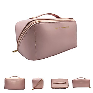 WOPLQA Large Capacity Travel Cosmetic Bag,Leather Multifunctional Storage, with Handle and Divider Travel Cosmetic Bags for Women,Opens Flat for Easy Access,Waterproof Portable Makeup Bag (pink)