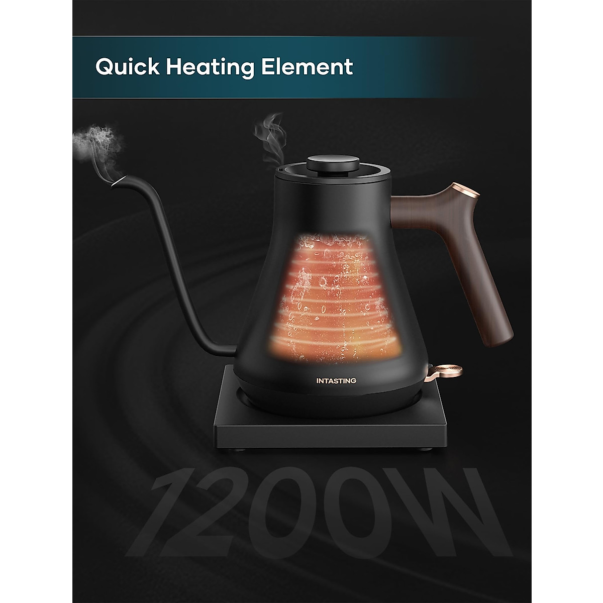 Gooseneck Electric Kettle INTASTING Fast Boiling Hot Water, Pour-over Coffee & Tea, 100% Stainless Steel, 0.9L/30oz, Auto Shut-Off & Boil Dry Protection, Matte Black with Dark Brown Wood Handle