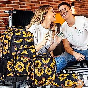 Rolling Backpack for Girls, 21 Inch Roller Wheeled Sunflower Flowers Bookbag for Students School, Water Resistant Elementary Travel Backpacks with Wheels