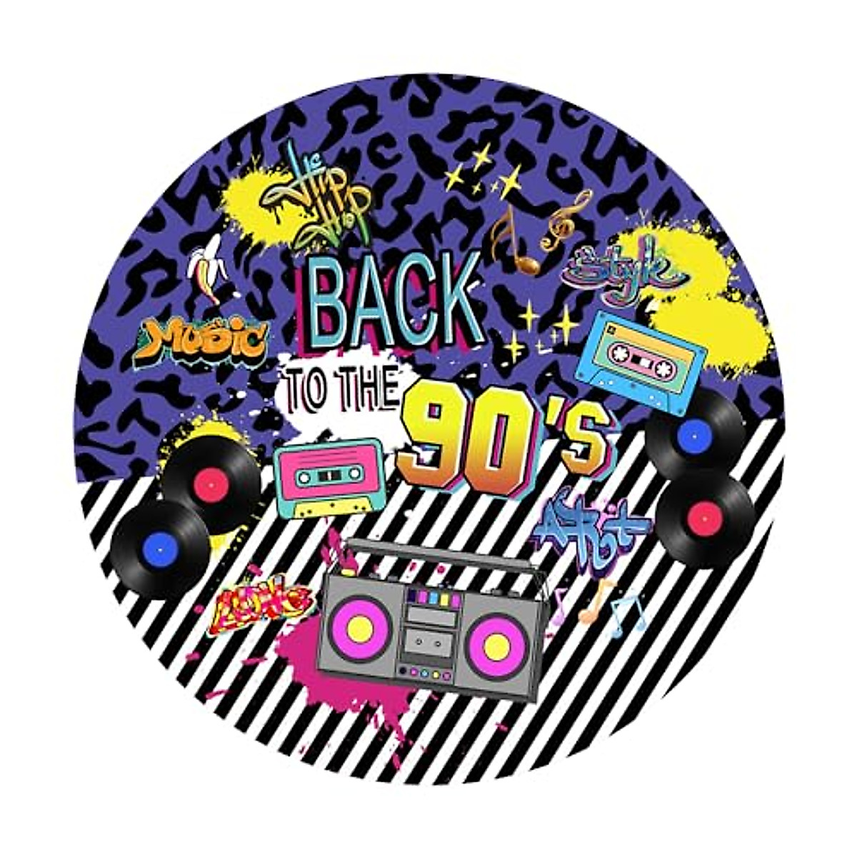 AWERT Polyester Diameter 7ft Round Back to The 90's Backdrop Retro Colorful Graffiti Hip Hop Old Radio Black White Stripes Photo Background 90's Theme Birthday Party Discos Ball Decoration