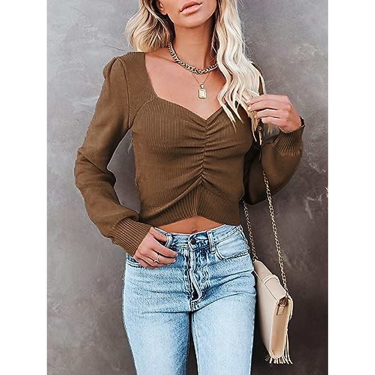 PRETTYGARDEN Fall Long Sleeve Cropped Sweaters for Women 2023 Off The Shoulder V Neck Ruched Ribbed Knit Going Out Tops (Coffee, Medium)