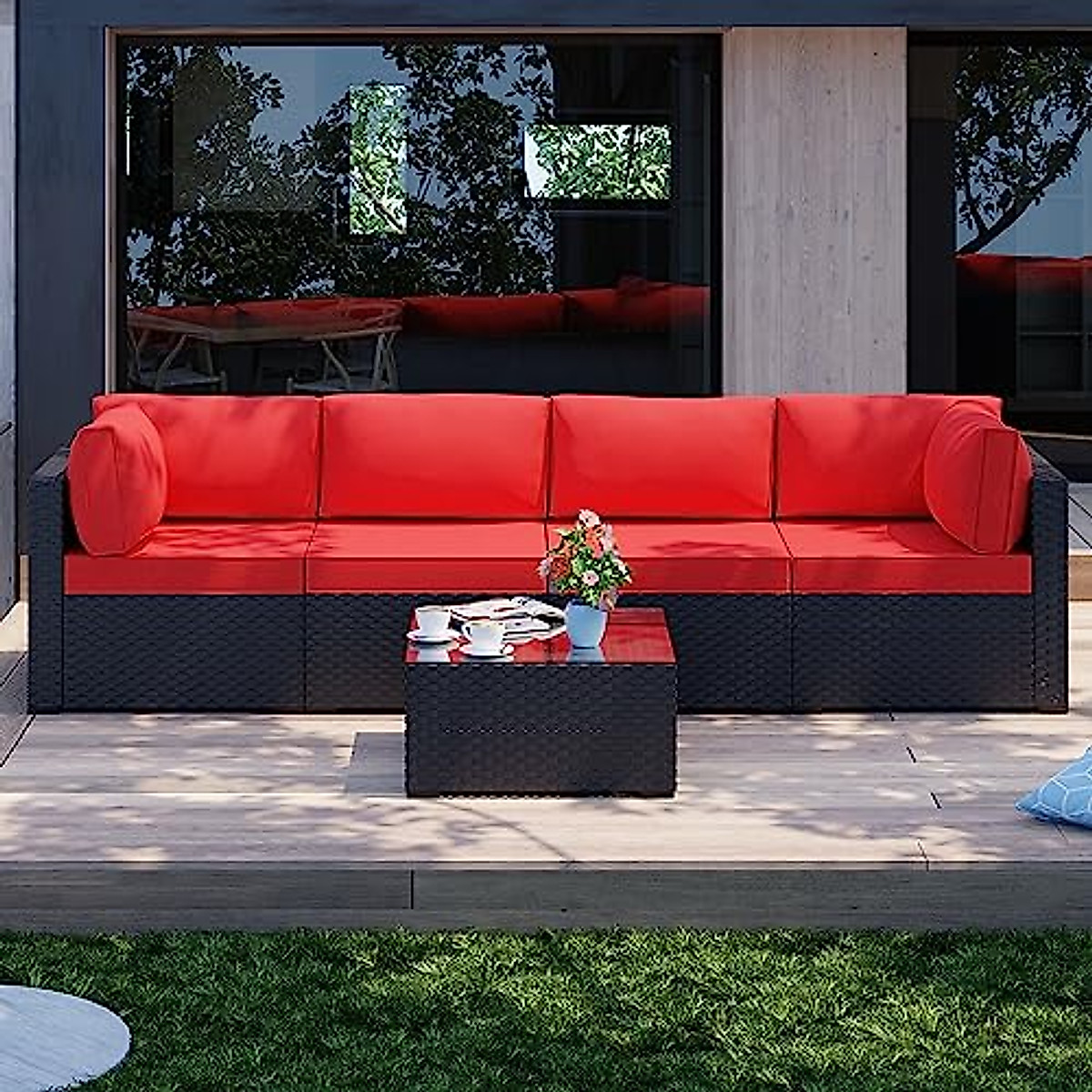 Shintenchi 5 Pieces Outdoor Patio Sectional Sofa Couch, Black PE Wicker Furniture Sets, Patio Conversation Sets with Washable Cushions Glass Coffee Table for Garden, Poolside, Backyard,Red