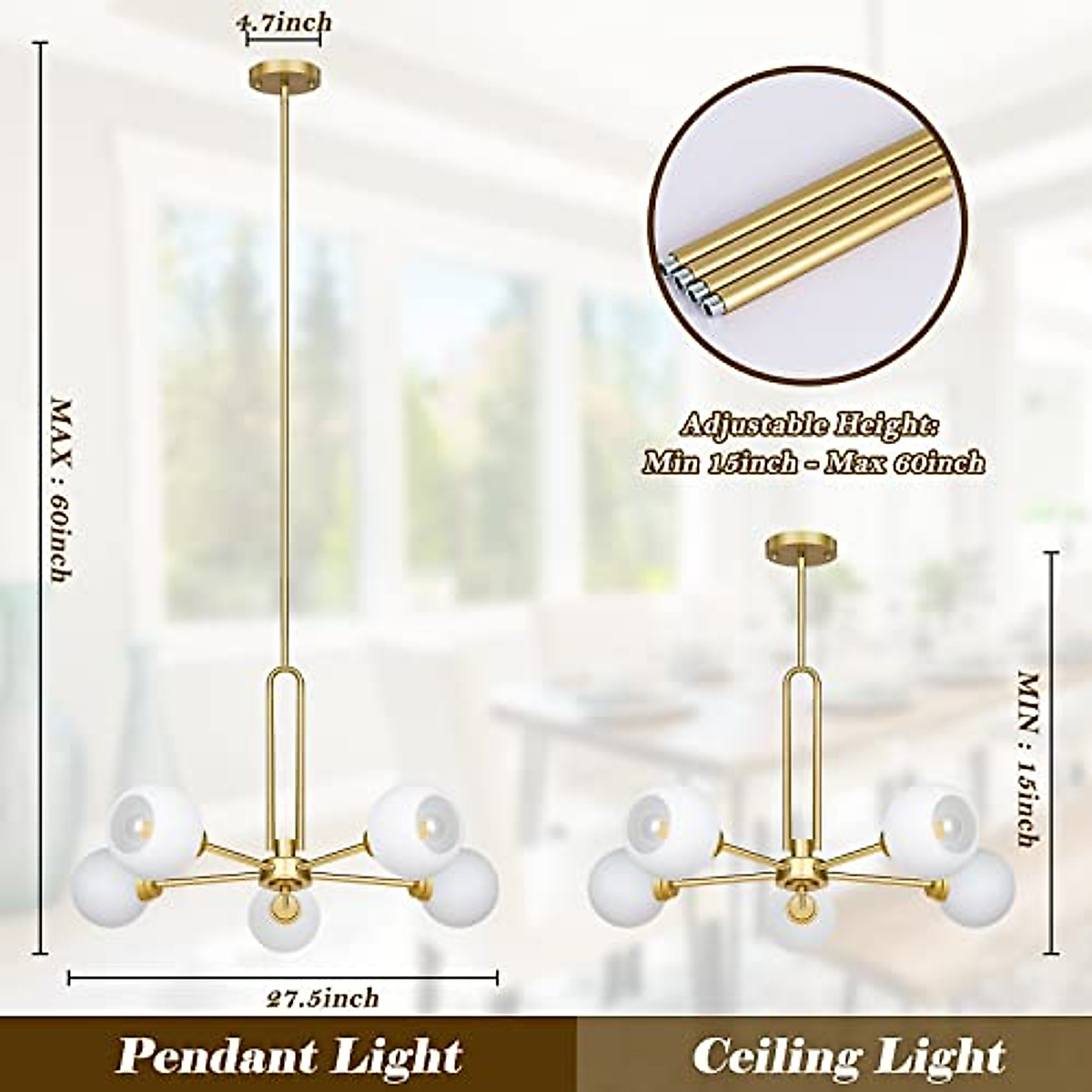 Gold Globe Chandelier Pendant Lighting, 5-Light Kitchen Light Fixtures, Mid-Century Modern Large Semi-Flush Ceiling Light Fixture with Frosted Globe Glass for Dining Room Living Room Bedroom Brass