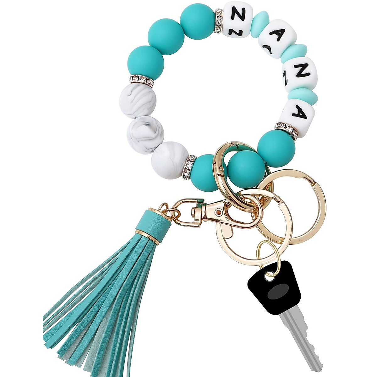 Munchewy Personalized Key Ring Bracelet Wristlet Keychain with Name, Car Keychain Holder Silicone Beaded Bracelet Keychain Bangle Chains with Leather Tassel Keyrings for Women(Turquoise)