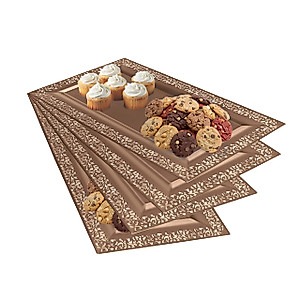 4 (pk) Yumchikel 14" x 7.5" Rose Gold Lace Rim Plastic Serving Trays & Platters | Heavy Duty Disposable Decorative Dessert Tray - Party Platters for Upscale Parties Weddings Brand: Yumchikel