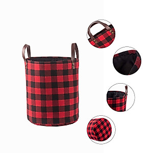 17.7" Large Collapsible Storage Basket with Leather Handles, Red Buffalo Plaid Woolen Fabric Foldable Tote Bags Round Home Decorative Organizer Bin
