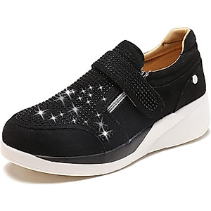 Women's Orthopedic Rhinestone Sneakers,Arch Support Walking Fashion Casual Glitter Bling Shoe (Black,7.5)