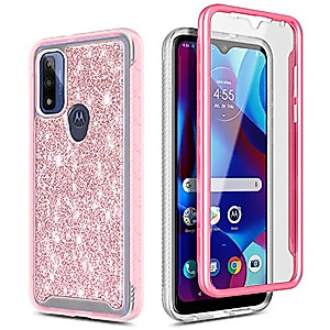 NZND Case for Motorola Moto G Pure, Moto G Play 2023/G Power 2022 with [Built-in Screen Protector], Full-Body Protective Shockproof Rugged Bumper Cover Durable Phone Case (Glitter Rose Gold)