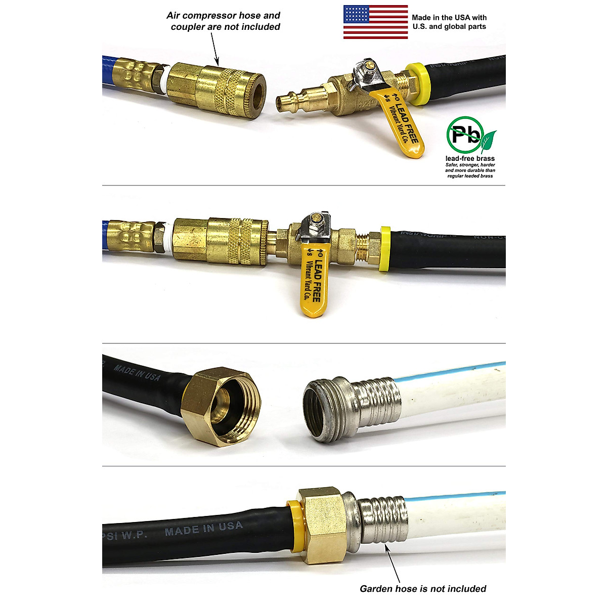 Winterize Sprinkler System, Outdoor Faucet, RV, Camper, and Travel Trailer: Air Compressor Plug To Garden Hose Faucet Blow Out Adapter (Lead-Free Brass) with Male-to-Male Fitting, 20" Long