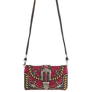 Zelris Western Moccasin Flower Buckle Women Crossbody Wrist Trifold Wallet (Rose Red)