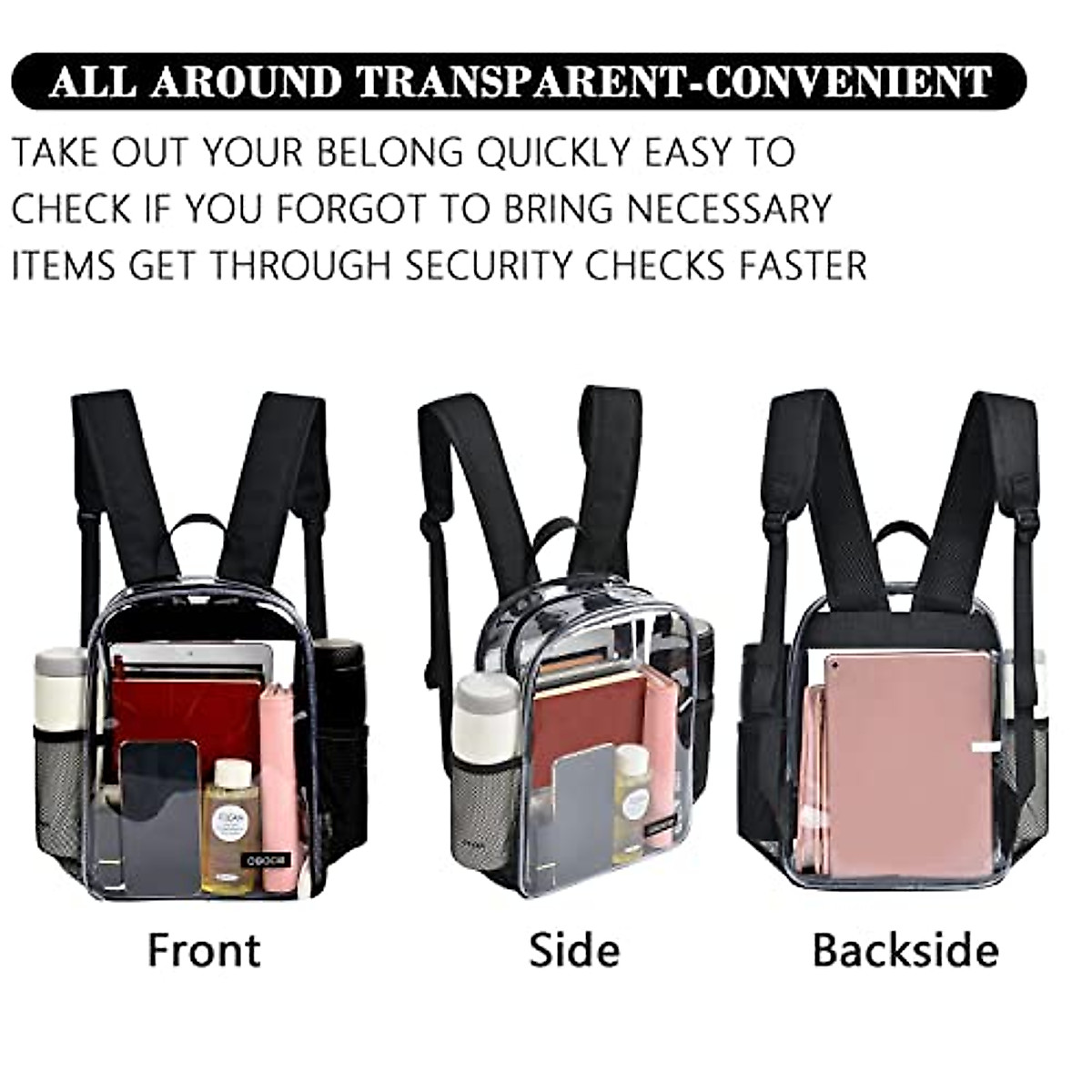 OSOCE Black Mini Clear Backpack Heavy Duty,Clear Bag Stadium Approved,PVC Transparent Clear Book Bag with Adjustable Shoulder Straps for Security Work Concert Festival Travel