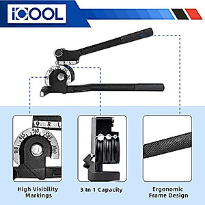ICOOL Tube Bender 3 in 1 Manual Tubing Bending Tools 0-180 Degrees 1/4, 5/16, and 3/8 Inch (Matte Surface) for Copper Aluminum Brass and Thin Stainless Steel Pipes