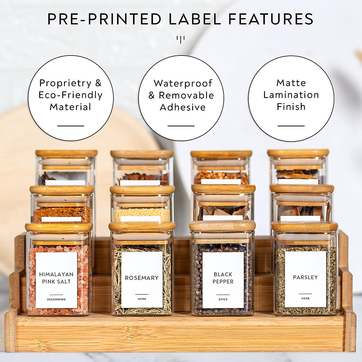 Laramaid 7oz 12Packs Glass Jars Set with 208 Minimalist Spice Labels, Square Spice Jars with Bamboo Lids and White Vinyl Customized Sticker Labels, Food Storage Container Canisters