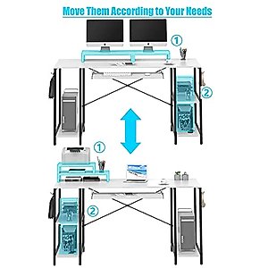 White Desk with Keyboard Tray, 55 INCH Desk with Storage Shelves Modern Computer Desks for Home Office Study Desk with Monitor Shelf Industrial PC Desk Studio Desk with Iron Hooks, Easy to Assemble