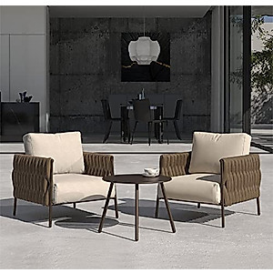 EAST OAK 3 Pieces Patio Furniture Set, Armchairs with Coffee Table, Outdoor Furniture with Thick Cushion, Modern Furniture Deep Seating for Garden Porch, Chestnut Brown & Creamy Apricot