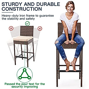 ECOTOUGE Wicker Bar Height Chairs Set of 4, Patio Rattan Bar Stools Counter Height with Cushion, Outdoor Bar Chairs Armless for Backyard, Poolside, Deck (Brown)