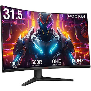 KOORUI 32 inch Curved Gaming Monitor - QHD (2560 x 1440) 2K Display, 170Hz 144Hz Monitor, 1500R Curvature, 1ms, HDR10, Adaptive Sync, Tilt Adjustable, DisplayPort HDMI, Black - GA01