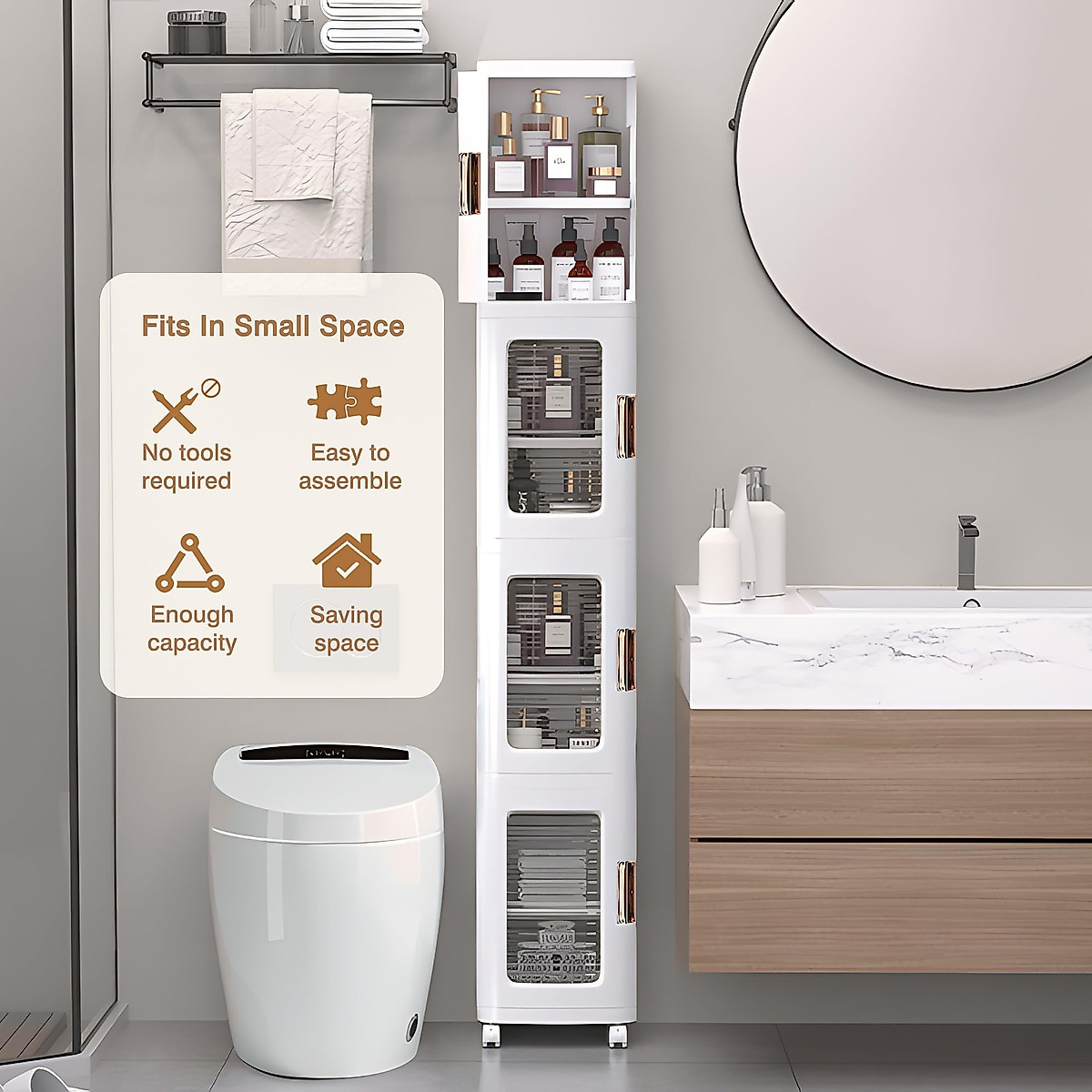 VECELO 4-Tier Tall Narrow Storage Cabinet with Movable Wheels, Adjustable Shelves, Anti-Tip, Slim, for Small Space, Bathroom, Kitchen, Laundry, White