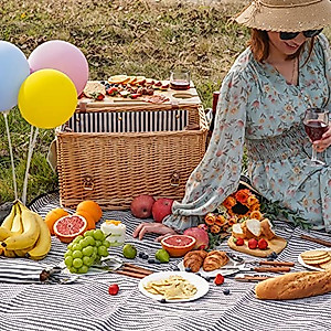 Wicker Picnic Basket for 4, 4 Person Picnic Kit, Willow Hamper Service Gift Set with Blanket Portable Bamboo Wine Snack Table for Camping and Outdoor Party