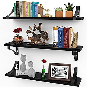 Icona Bay 24 Inch Wall Shelves, Set of 3 Black Modern Rustic Display Shelves, Wall Mount Picture Ledges w/Brackets