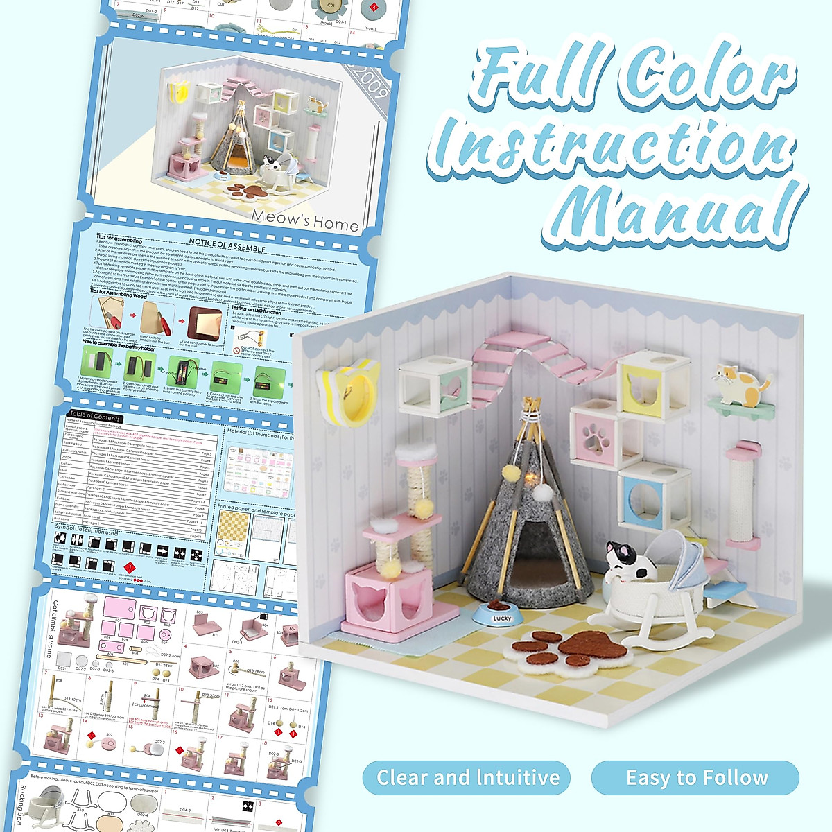 Kisoy Dollhouse Miniature with Furniture Kit, DIY 3D Wooden DIY House Kit A Corner of a Small Apartment Style with Dust Cover & LED,Handmade Tiny House Toys for Kids Adults Gift (Pet Room)