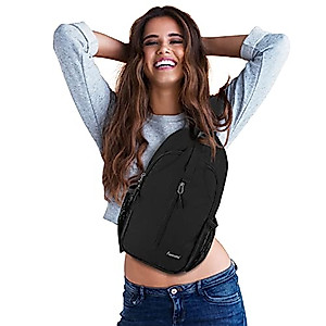 Fancosni Crossbody Sling Bags for Women Men, Black Sling Backpack, Lightweight Shoulder Bag, Multipurpose Sling Bag for Travel, Hiking, Shopping, Walking, Biking, Cycling, Earphone Hole, Chest Bag