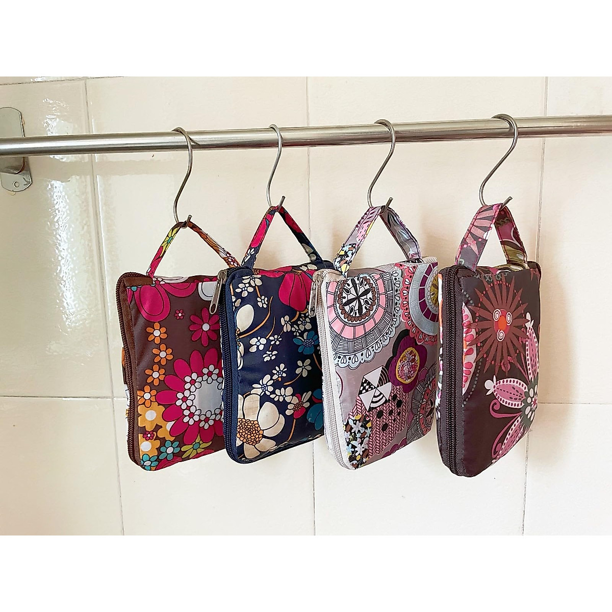 NC 4 Pack Foldable Kitchen Reusable Grocery Bags Floral Designs with Zipper Folding Shopping Tote Bags Lightweight Durable Large Bags 50LBS for Grocery