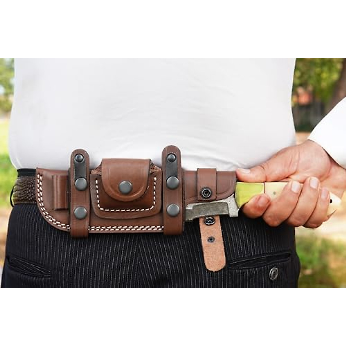 Ottoza Tracker Knife & Bone Handle - Damascus Hunting Knife - Horizontal Carry Knife Sheath 115