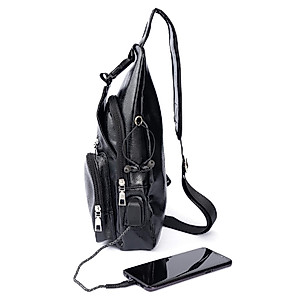 Large Vintage Men's Leather Sling Bag,Chest Shoulder Backpack, Water waterproof Crossbody Bag with USB Charging Port -Large Black