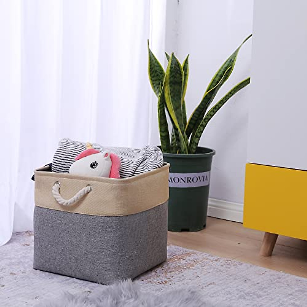 CREADARD Fabric Cube Storage Basket, 13x13x13 inch Foldable Linen Cube Storage Basket for Nursery and Home, Collapsible Canvas Shelf Basket for Wardrobe or Bedroom, Blue and Grey and Beige