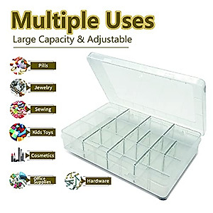 JIUMEI Plastic Storage Box 14 Grids with Removable Dividers Clear Small Parts Organizer Box Adjustable Compartments Container for Bead Jewelry Screw Sewing