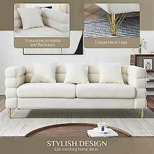 OUYESSIR Cloud Sofa Couch for Living Room, 79" Comfy Deep Seat Boucle Sherpa Sofa with 3 Pillows and Gold Legs, Modern Upholstered 3 Seater Large Loveseat for Bedroom Office, Beige White Teddy