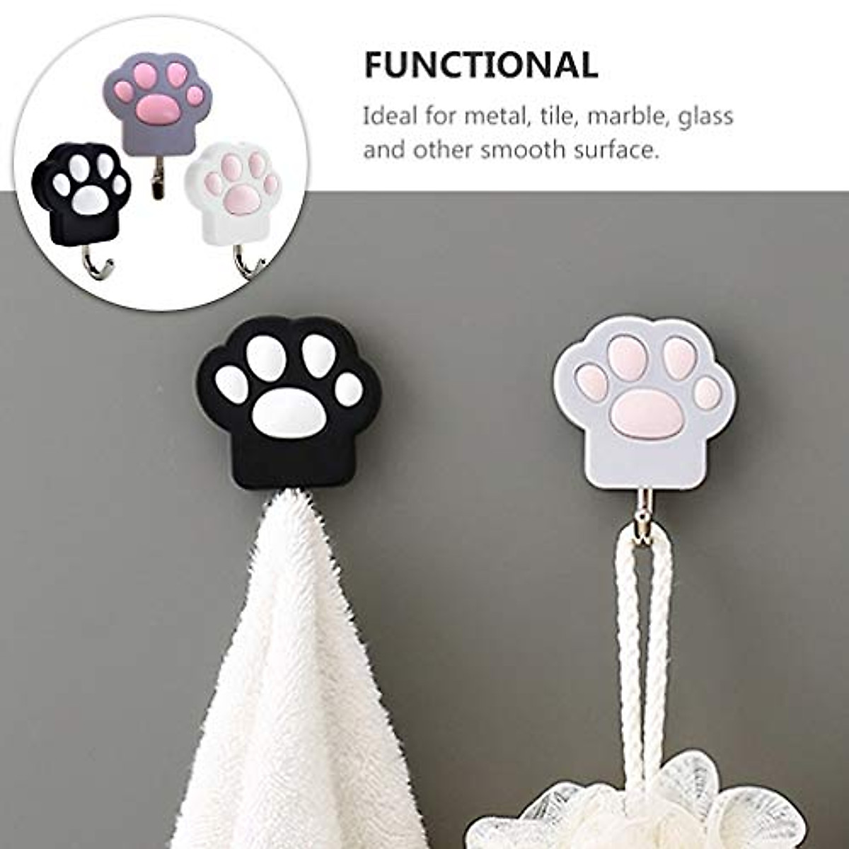 Hemoton 3Pcs Decorative Wall Hook Cat Paw Hooks Punch Free Self- Adhesive Hanger for Bedroom Kitchen Bedroom Purse Coat Towel Tool Hanging