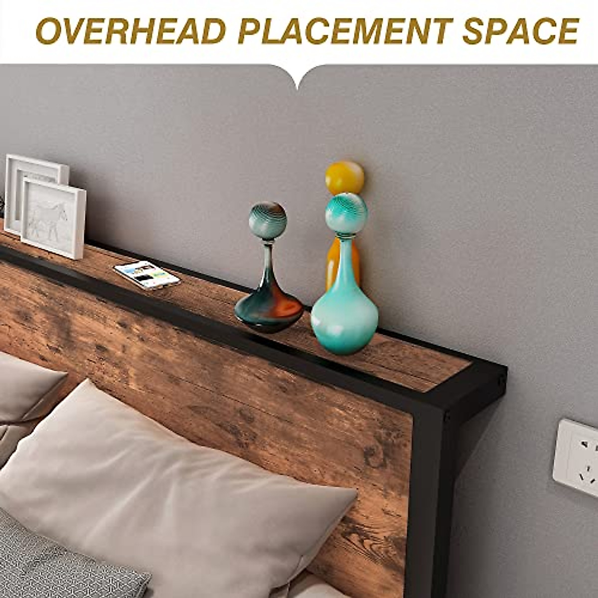 DUMEE Full Size Bed Frame with Wood Storage Headboard, Metal Platform Bed Frames Full, No Box Spring Needed, Noise Free, Reinforced Strong Support Leg, Textured Black&Brown Oak