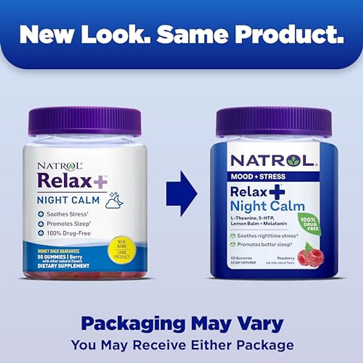 Natrol Mood+ Stress Relax+ Night Calm Gummies With L-Theanine, 5-HTP, Lemon Balm and Melatonin, Drug-Free Dietary Supplement for Nighttime Stress and Better Sleep, 50 Gummies, 25 Day Supply