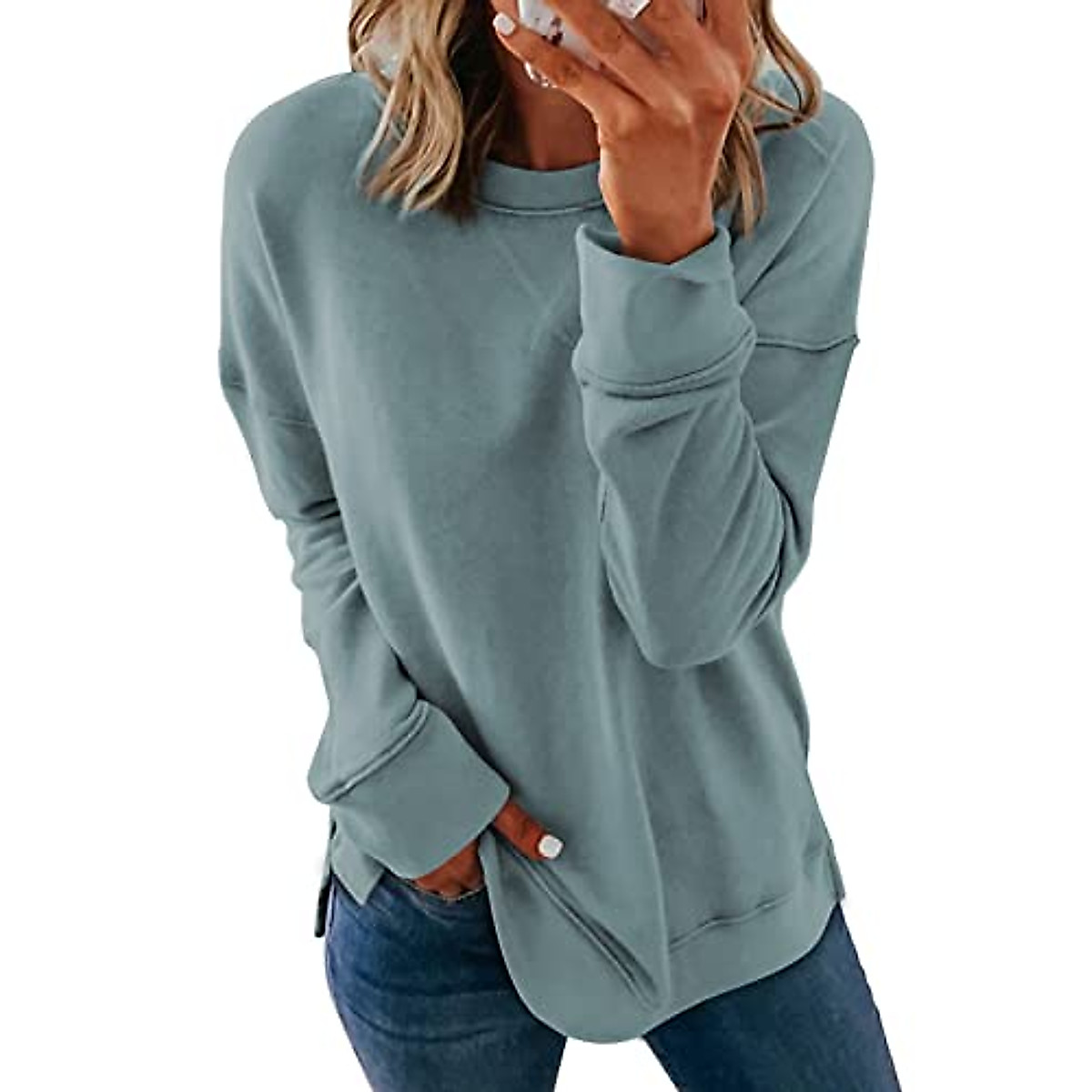Dokotoo Womens Ladies Plus Size Long Sleeve Crewneck Sweatshirt Side Split Comfy Loose Fit Solid Basic Pullover Tunic Tee Shirts Tops Sweatshirts for Teen Girls 2023 Fashion Fall Blue XXLarge