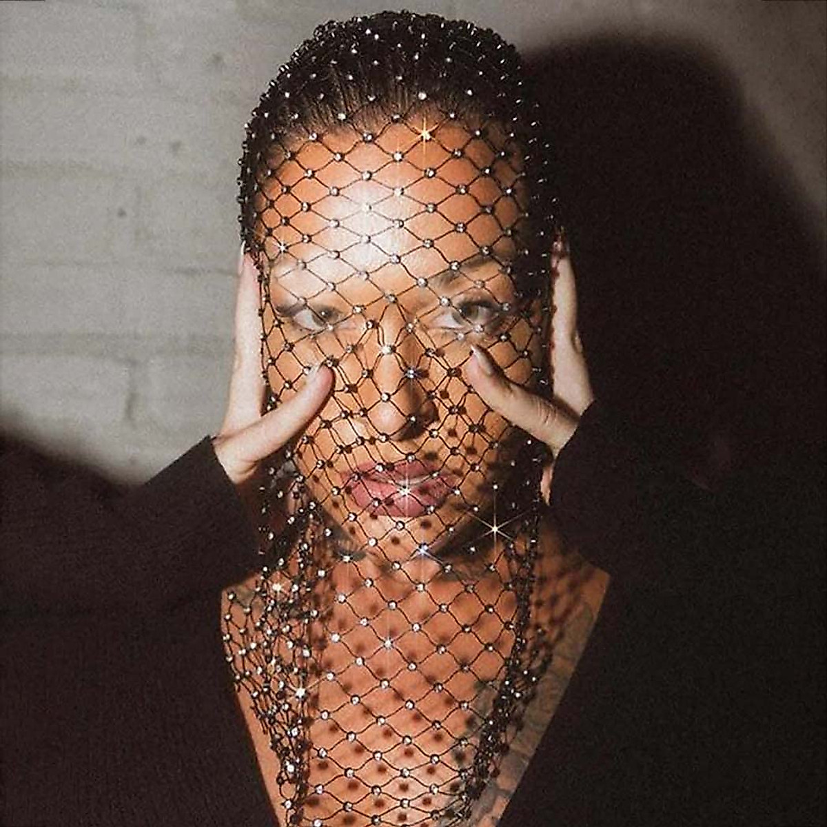 Jeweky Rhinstone Mesh Head Cover Black Rave Festival Headwear Body Accessories for Women