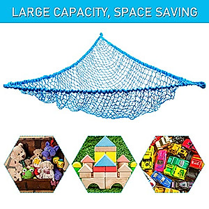 Corner Stuffed Toy Hammock with LED Light, Corner Plush Toy Net Holder, Stuffed Animals Hanging Storage Net, Hanging Toy Net Hammock for Nursery Play Room Bedroom(Blue)